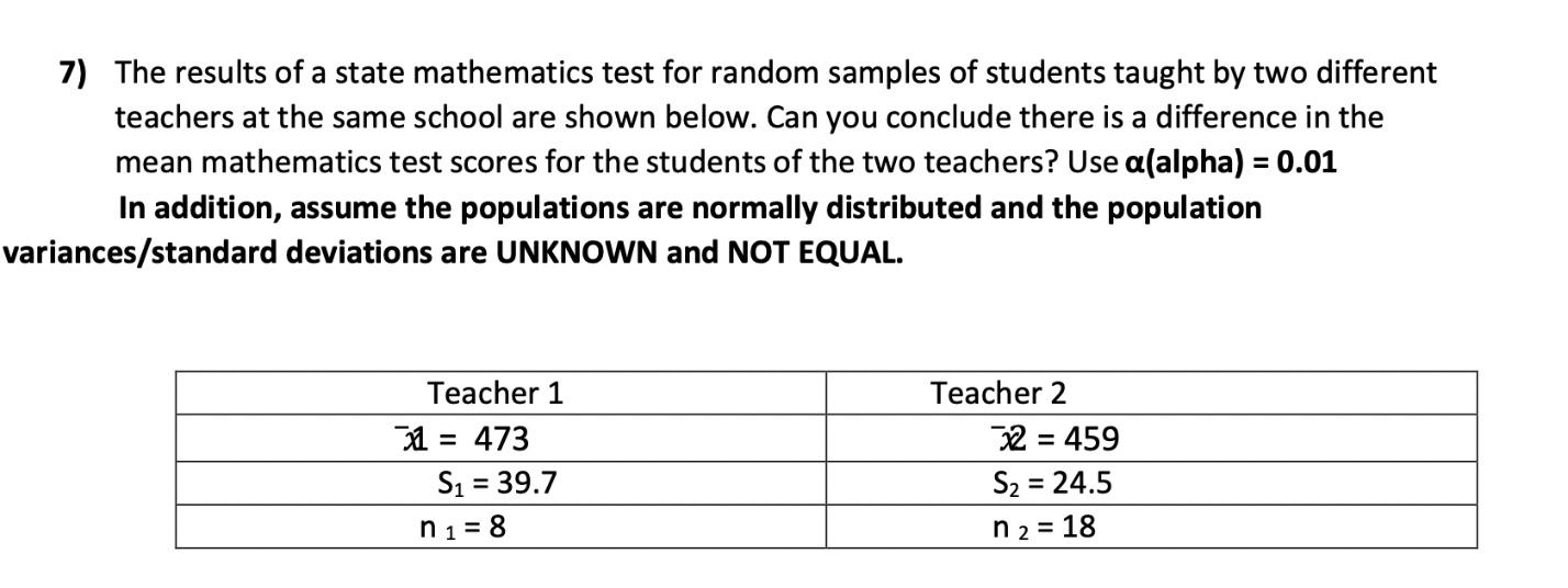 Solved 7) The results of a state mathematics test for random | Chegg.com