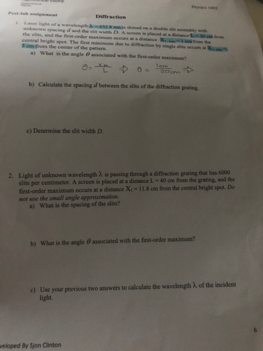 Solved Physics 14 Post-lab Diffraction I Laser light of a | Chegg.com