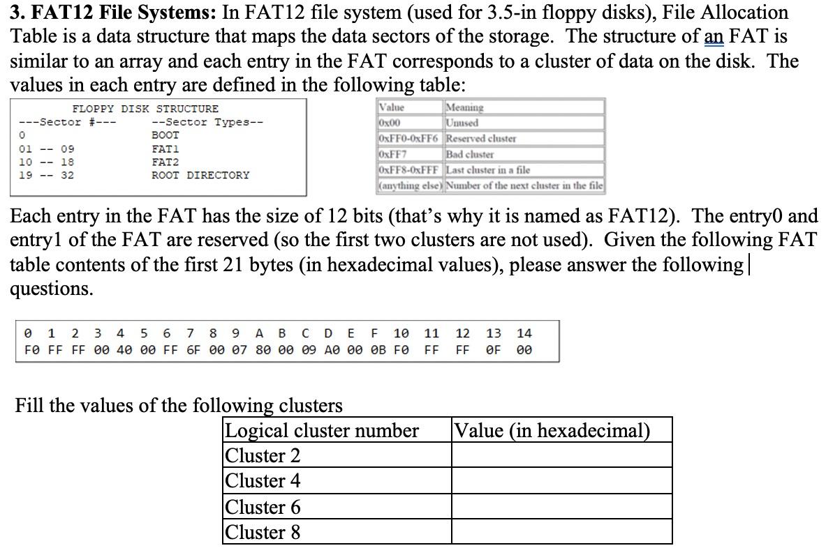 3. FAT12 File Systems: In FAT12 file system (used for | Chegg.com