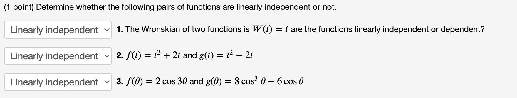 Solved 1 point) Determine whether the following pairs of | Chegg.com