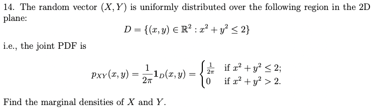 Solved 14. The random vector (X,Y) is uniformly distributed | Chegg.com