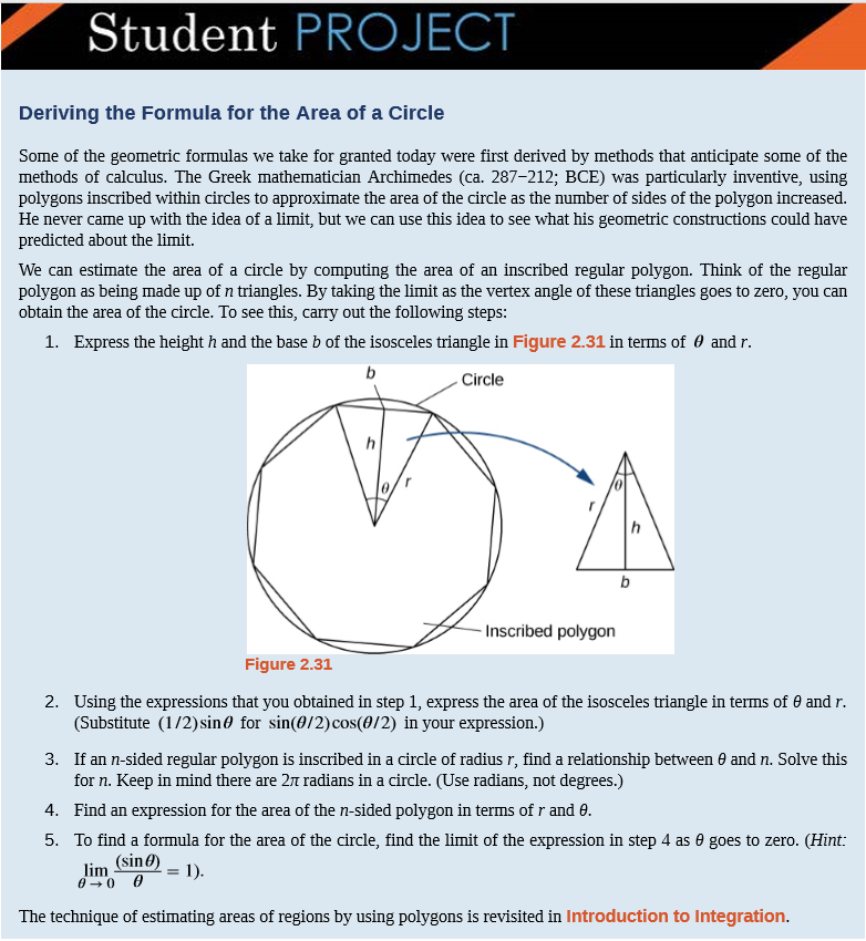 Solved Student PROJECT Deriving the Formula for the Area of | Chegg.com Solved Student PROJECT Deriving the Formula for the Area of | Chegg.com