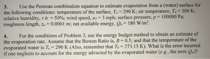 Solved 3. Use the Penman combination equation to estimate | Chegg.com