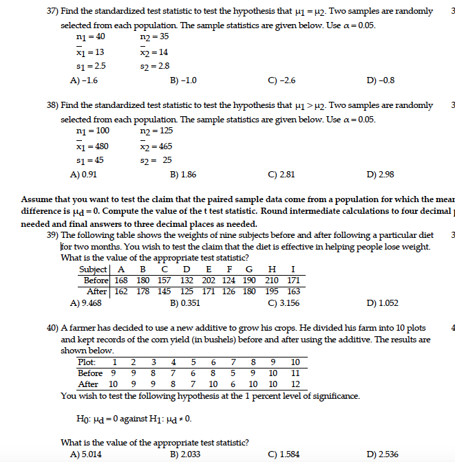 Solved 3 37 Find The Standardized Test Statistic To Test