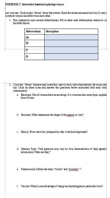 Solved EXERCISE 2: Interactive handout exploring viruses | Chegg.com