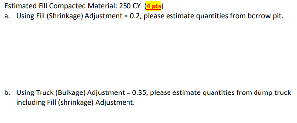 Solved Estimated Fill Compacted Material: 250CY (4 pts) a. | Chegg.com
