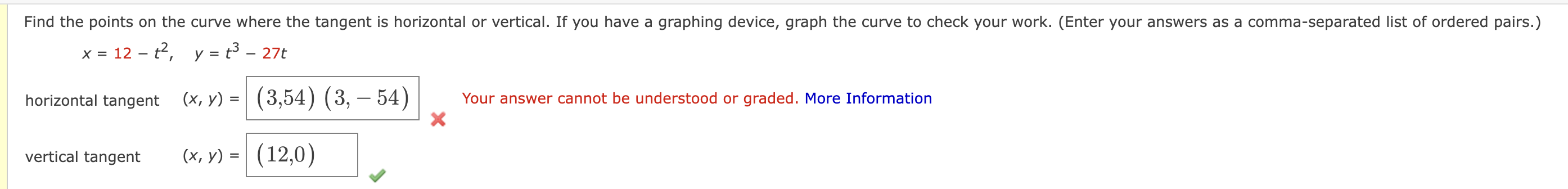 Solved x=12−t2,y=t3−27t horizontal tangent (x,y) vertical | Chegg.com