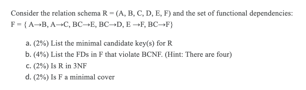 Solved Consider the relation schema R = (A, B, C, D, E, F) | Chegg.com