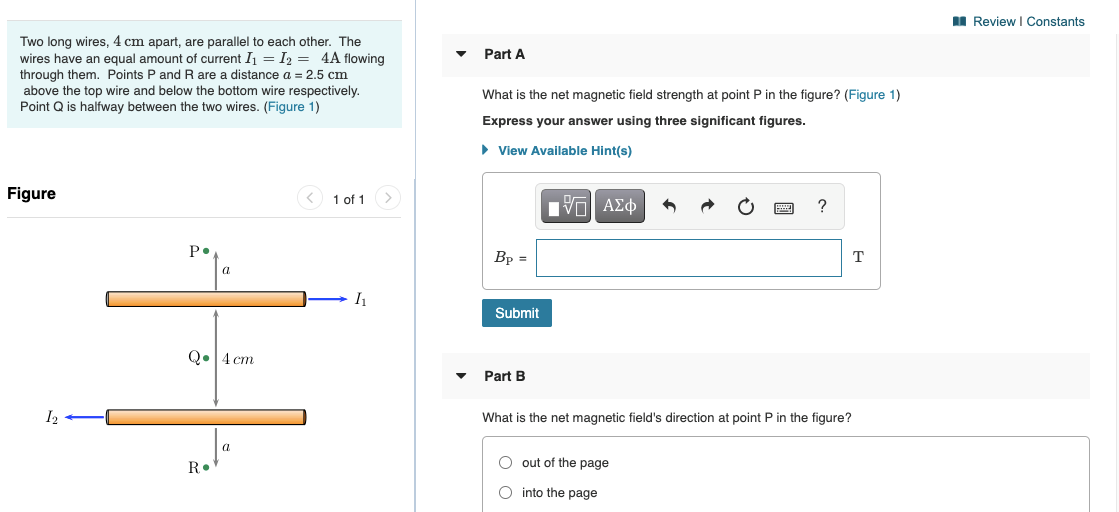 Solved Review Constants Part A Two long wires, 4 cm apart, | Chegg.com