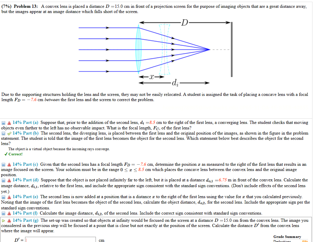 Solved (7\%) Problem 13: A convex lens is placed a distance | Chegg.com