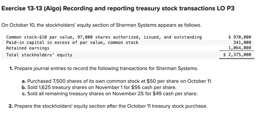 Solved Exercise 13-13 (Algo) Recording and reporting | Chegg.com