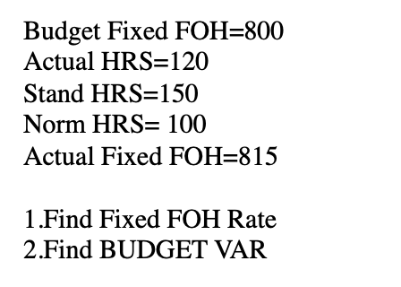Solved Budget Fixed FOH=800 Actual HRS=120 Stand HRS=150 | Chegg.com