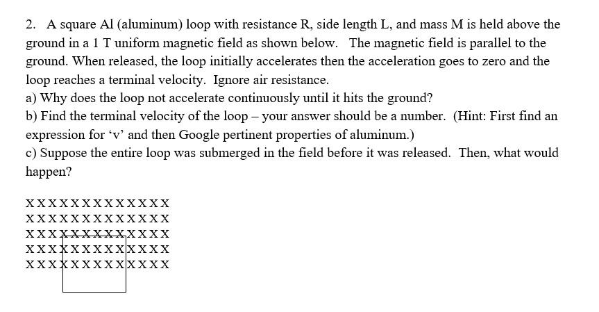 Solved 2. A square Al (aluminum) loop with resistance R, | Chegg.com