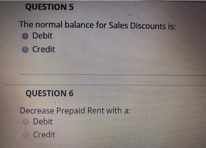 Solved QUESTION 5 The normal balance for Sales Discounts is: | Chegg.com