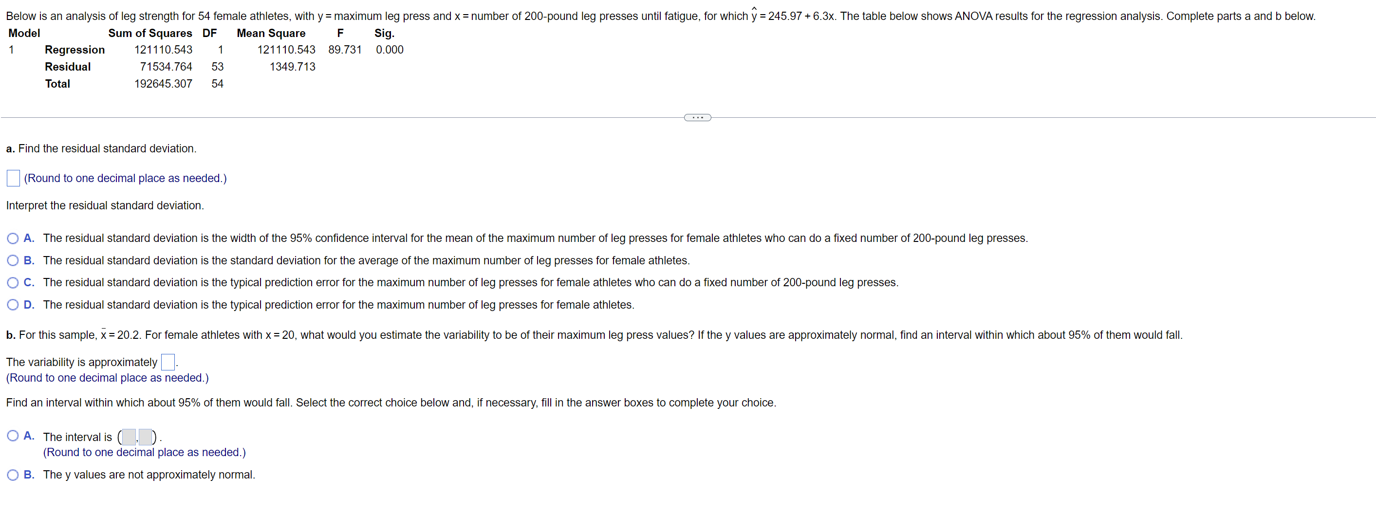 Solved a. ﻿Find the residual standard deviation.(Round to | Chegg.com