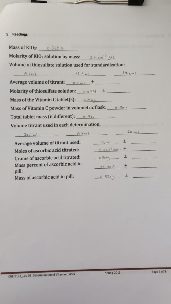 Solved 5. Readings Mass of KIO3: 0.5359 Molarity of KIO3 | Chegg.com