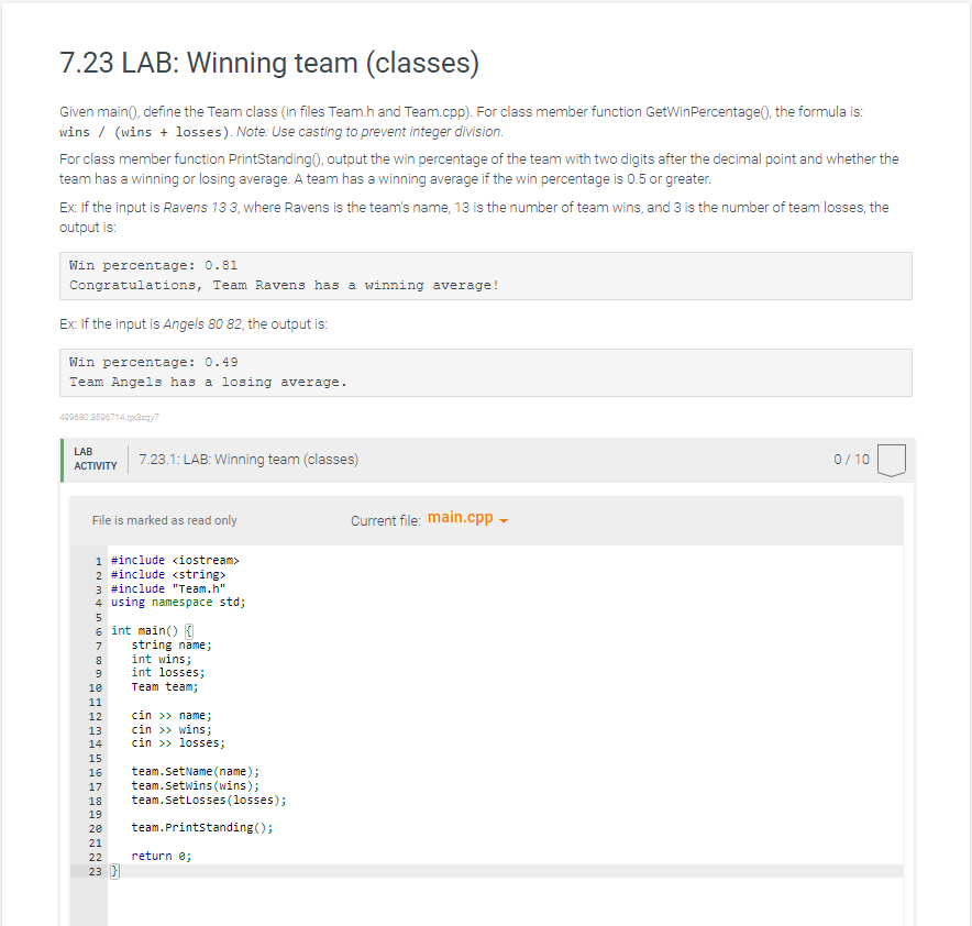 Solved Given main(), define the Team class (in files Team.h | Chegg.com