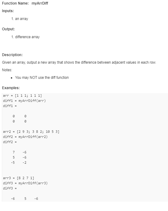Solved Function Name: myArrDiff Inputs: 1. an array Output: | Chegg.com