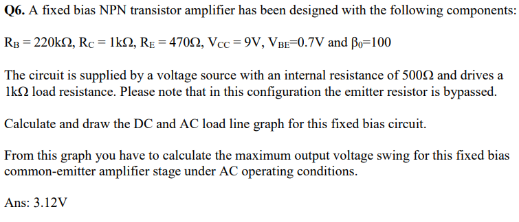 Solved Q6. A fixed bias NPN transistor amplifier has been | Chegg.com