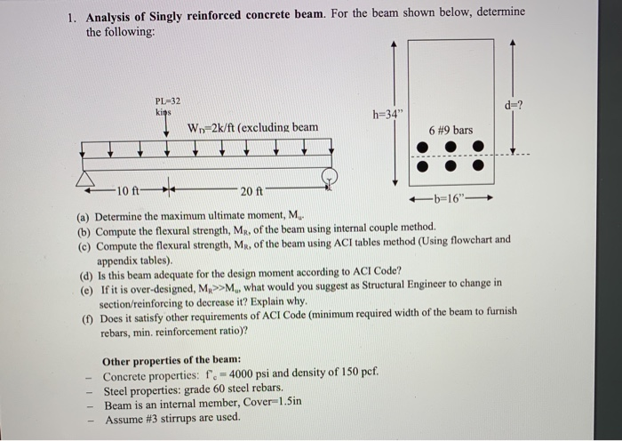 Solved 1. Analysis of Singly reinforced concrete beam. For | Chegg.com