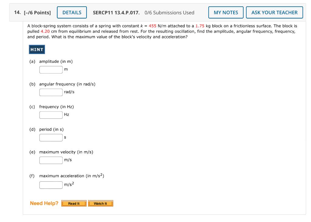 Solved A block-spring system consists of a spring with | Chegg.com