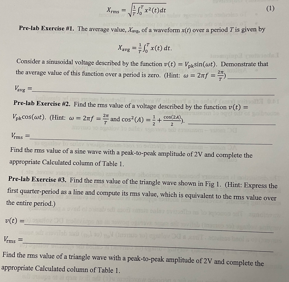 Solved Xrms = S* x2(t)dt 1 (1) 0 Pre-lab Exercise #1. The | Chegg.com