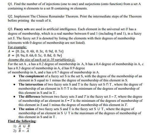 Solved Q1. Find the number of of injections (one to one) and | Chegg.com