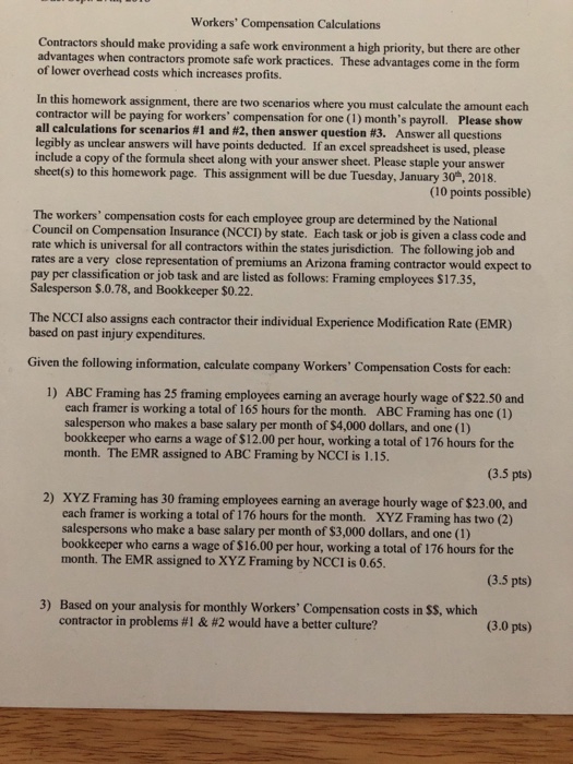 Solved Workers' Compensation Calculations Contractors should | Chegg.com