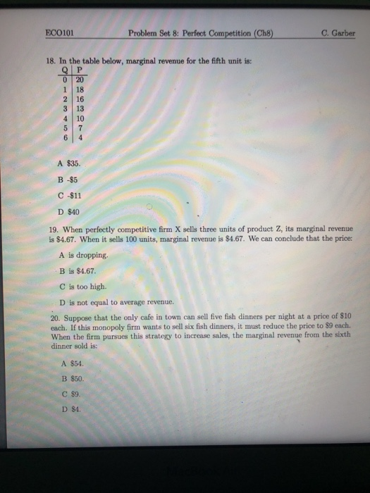 Solved ECO101 Problem Set 8: Perfect Competition (Ch8) C. | Chegg.com