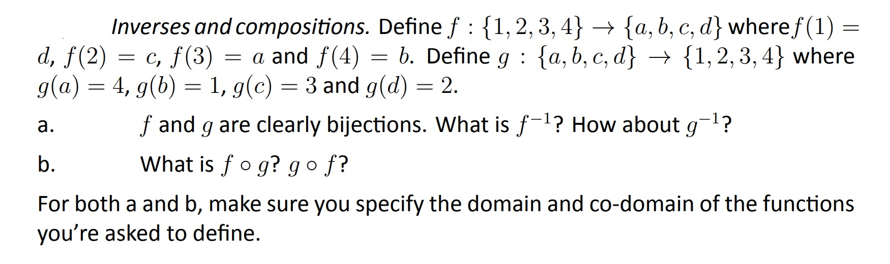 Solved = a. Inverses and compositions. Define f:{1,2,3,4} + | Chegg.com