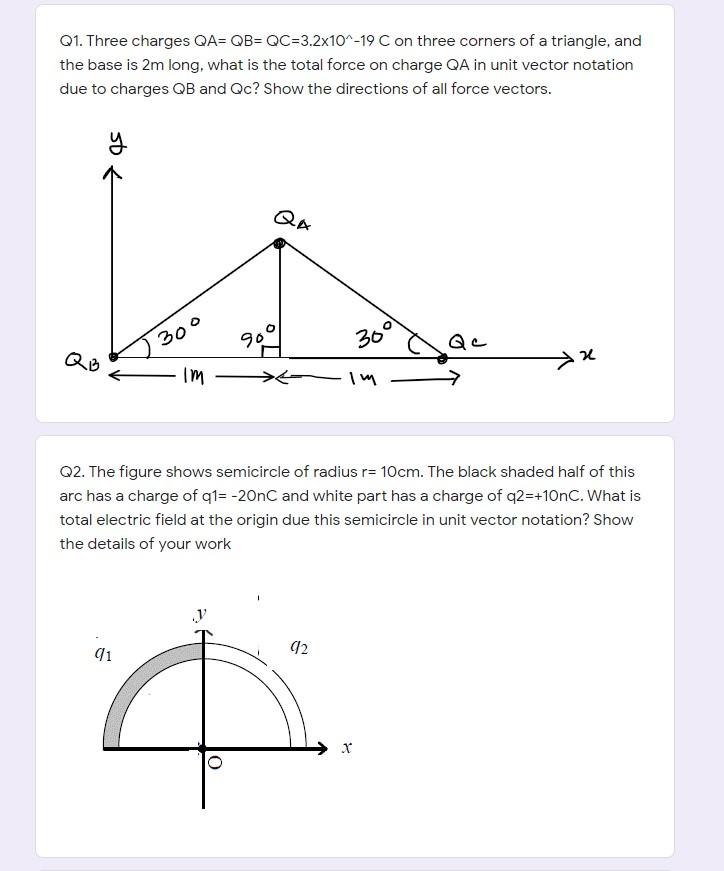 Solved Q1 Three Charges Qaqbqc32x10 19 C On Three 