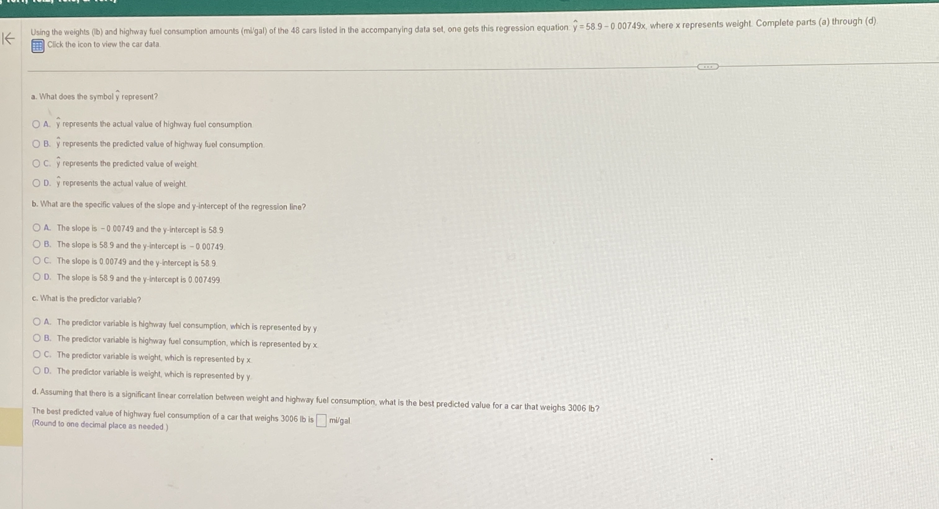 Solved Click the icon to view the car data. a. What does the | Chegg.com