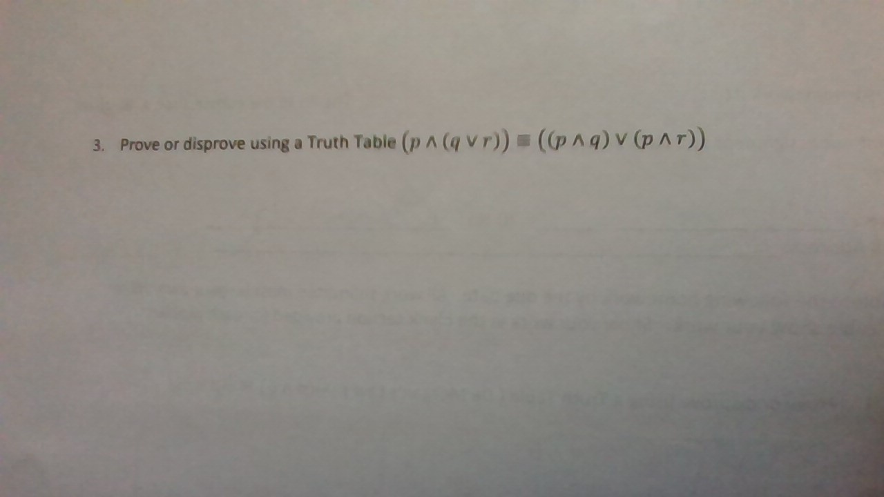 Solved 3. Prove or disprove using a Truth Table (pa (qvr)) = | Chegg.com