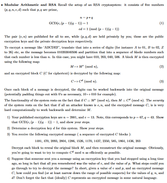 Modular Arithmetic And Rsa Recall The Setup Of An Rsa
