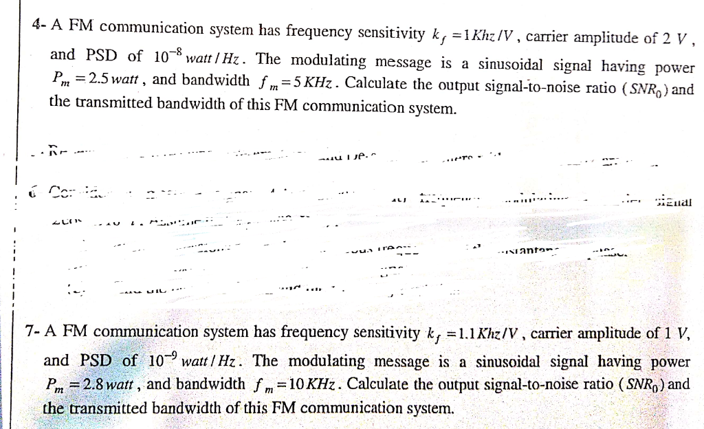 Solved A FM communication system has frequency sensitivty k, | Chegg.com