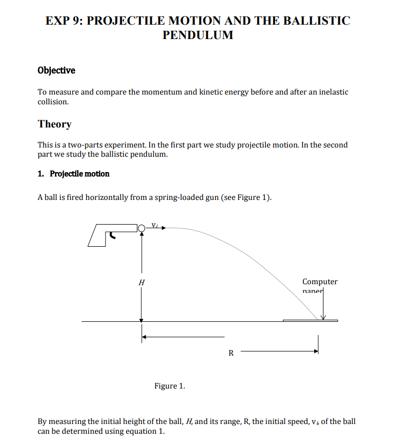 Solved EXP 9: PROJECTILE MOTION AND THE BALLISTIC PENDULUM | Chegg.com