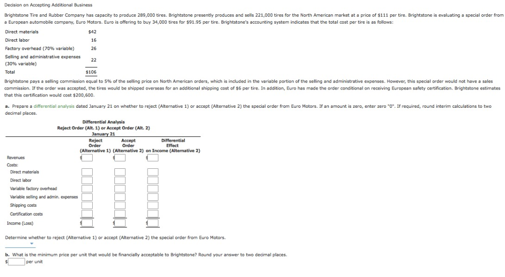 Solved Decision on Accepting Additional Business Brightstone | Chegg.com