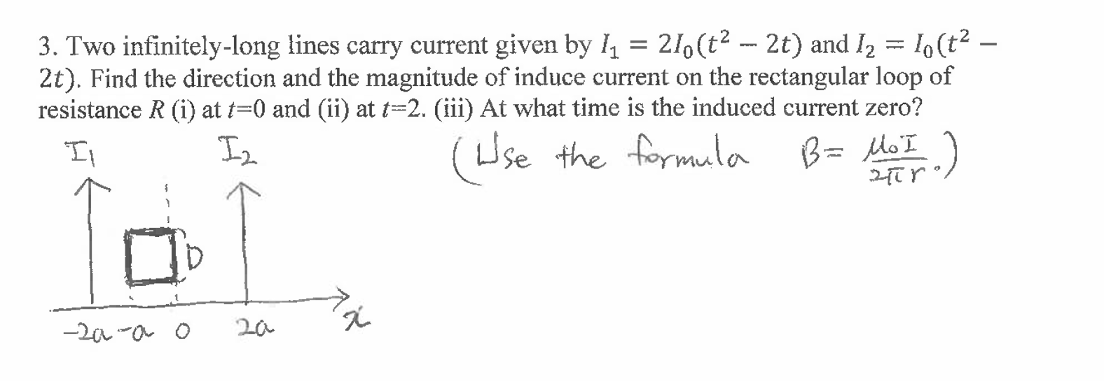 Solved Two infinitely-long lines carry current given | Chegg.com