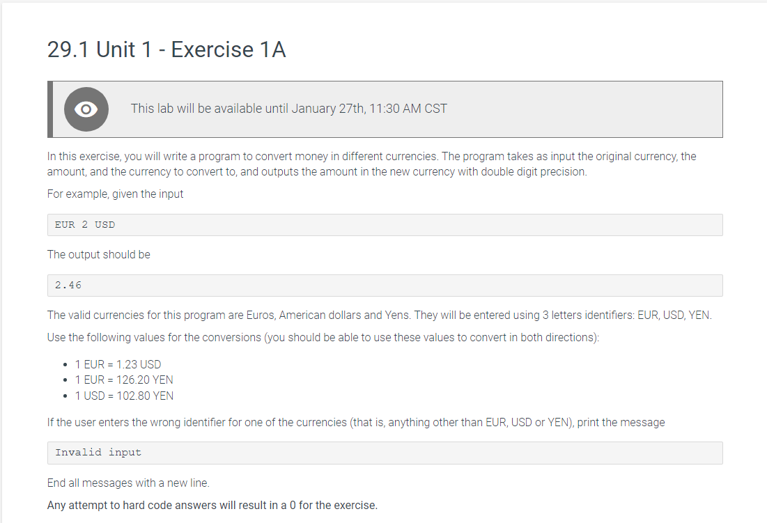 Solved 29.1 Unit 1 - Exercise 1A This lab will be available | Chegg.com