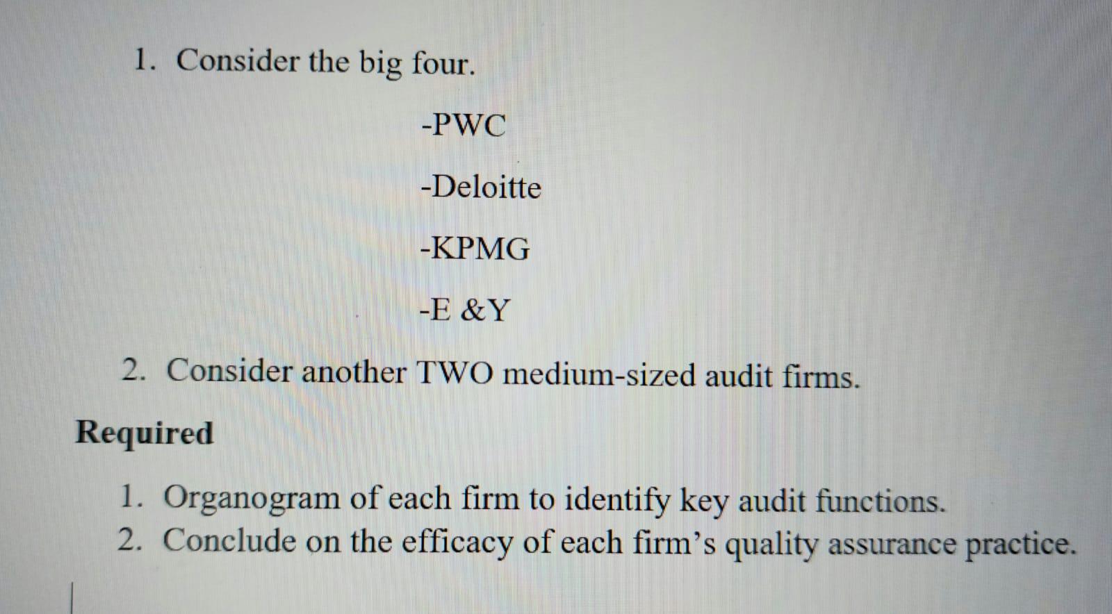 Solved 1. Consider the big four. -PWC -Deloitte -KPMG −E&Y | Chegg.com