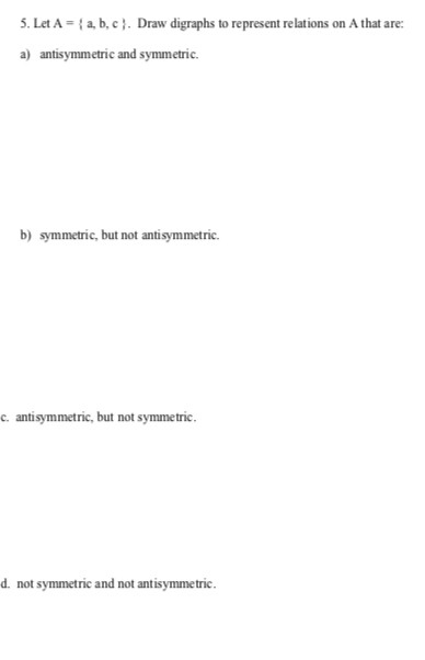 Solved 5. Let A = {a,b,c). Draw digraphs to represent | Chegg.com