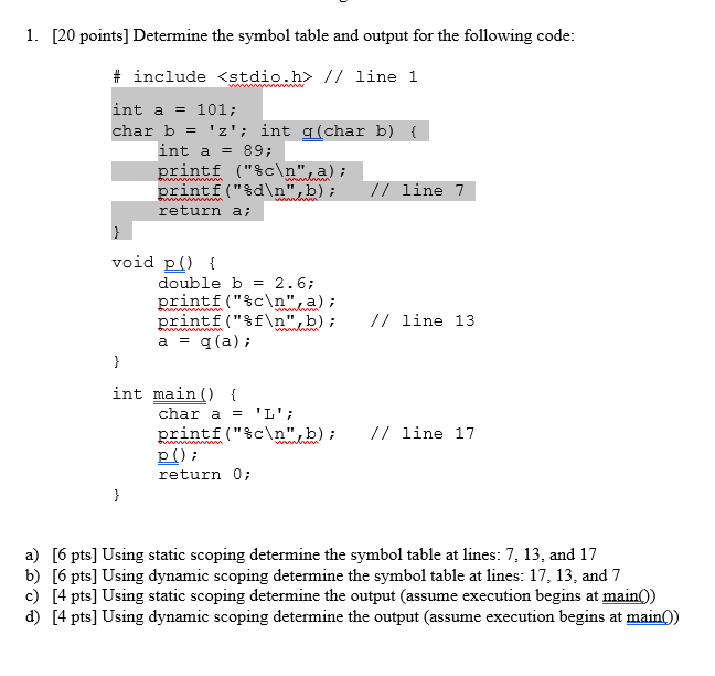 Solved [20 points] Determine the symbol table and output for | Chegg.com