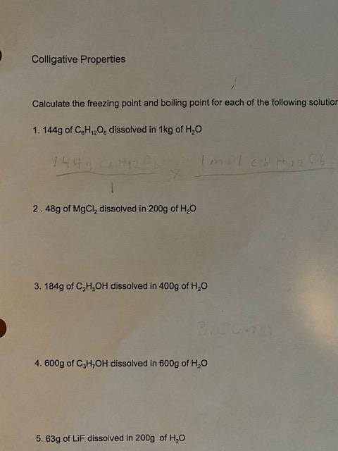 Solved Colligative Properties Calculate the freezing point | Chegg.com