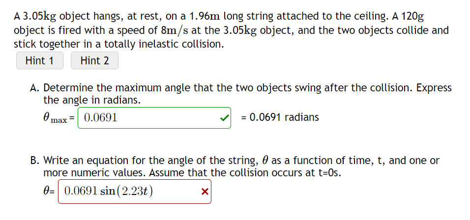 Solved A 3.05 kg object hangs, at rest, on a 1.96 m long | Chegg.com