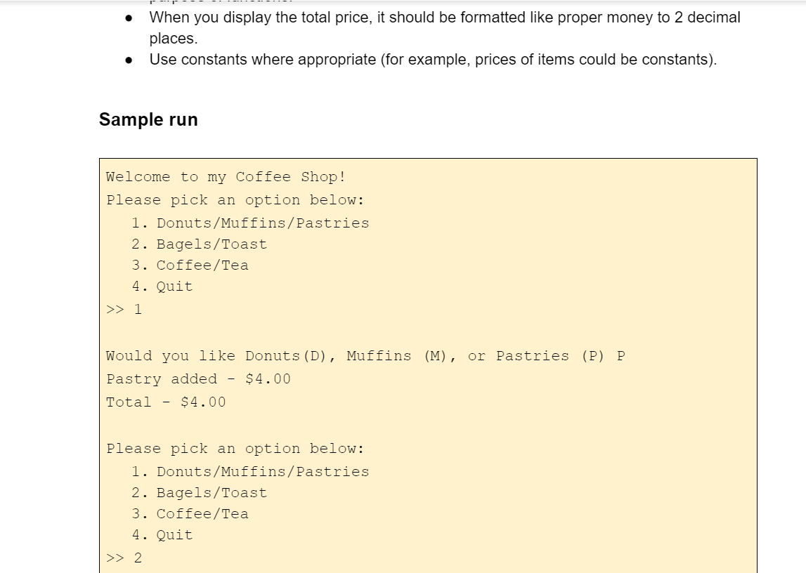 Solved O O Program coffeeShop - Information and Requirements | Chegg.com