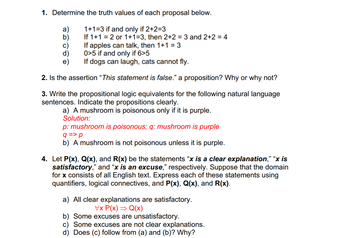 Solved 1. Determine the truth values of each proposal below. | Chegg.com