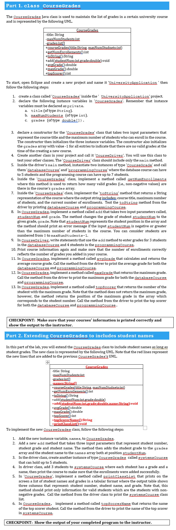 Solved Part 1. class CourseGrades The CourseGrades Java | Chegg.com