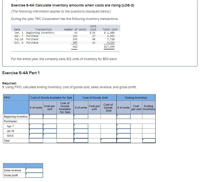 Solved Exercise 6-4A Calculate Inventory amounts when costs | Chegg.com