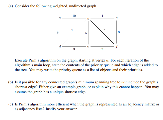 Solved (a) Consider the following weighted, undirected | Chegg.com