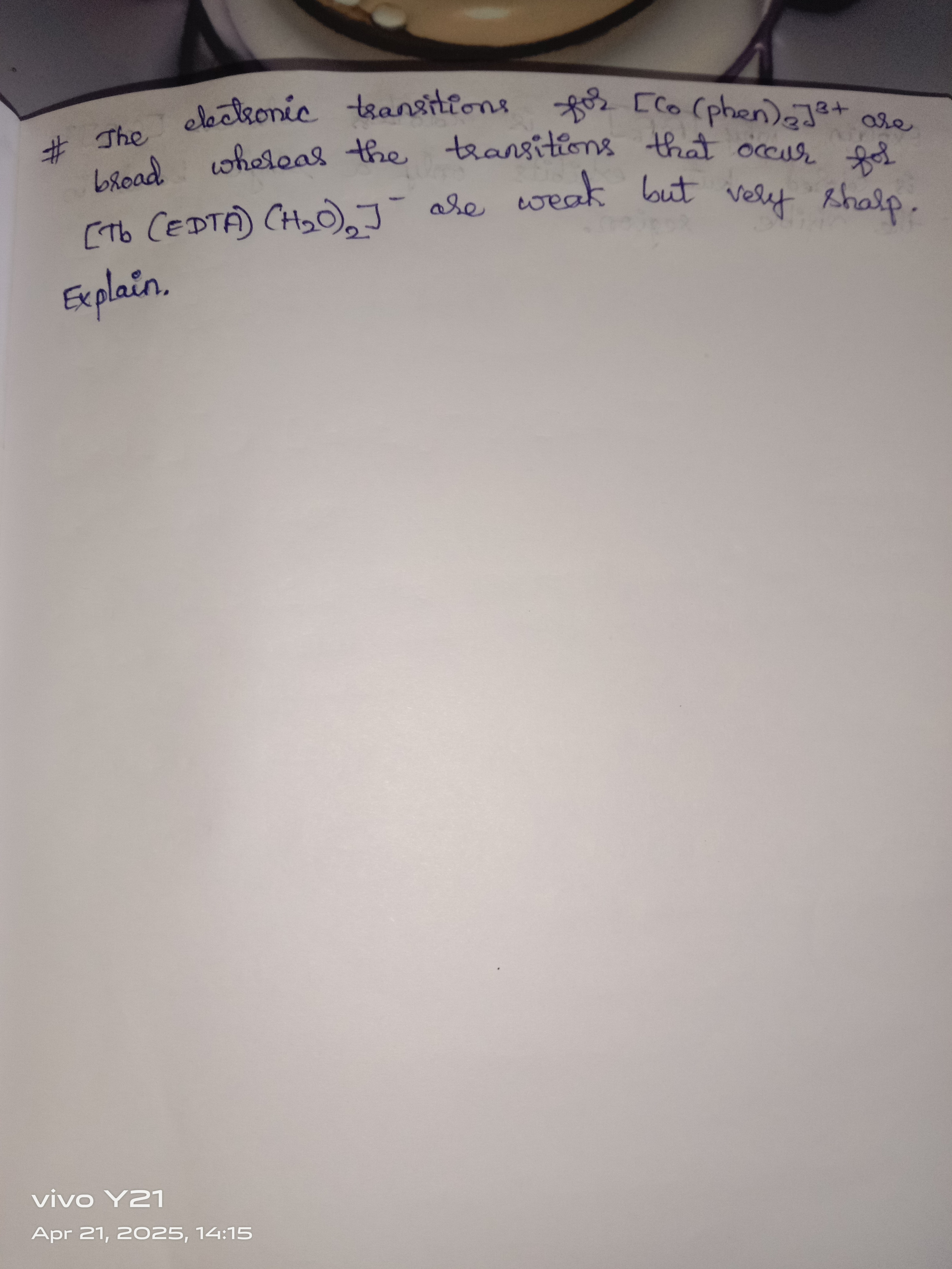 Solved # The electronic transitions for [C0(phen)3]3+ | Chegg.com